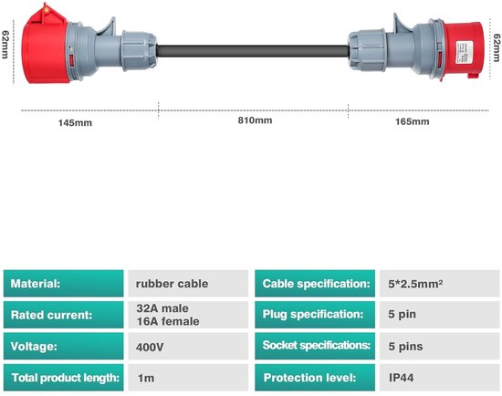 CEE Power Adapter - 32A Male to 16A Female - 5 Pin High Power Adapter ...