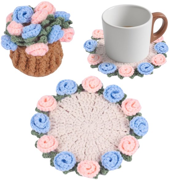 Fnaobai handgemaakte gehaakte onderzettersset met mini-mandje, Boho ...