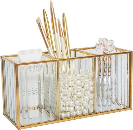 SNQ Make-Upkwasthouder - Goud - Glazen Make-Upkwasten Opbergdoos - Cosmetische... | bol