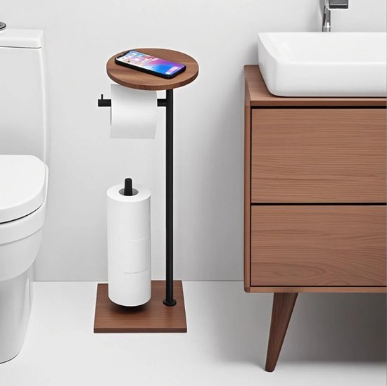 CHIWIN Toiletrolhouder Staand met Hout Plankje - WC Rolhouder Zonder ...