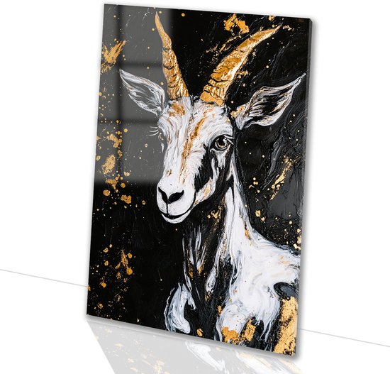 Zwart-witte geit met gouden hoorns - Geit glas schilderijen - Wandkunst ...