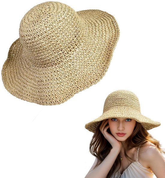 1 Stuk - Zonnehoed Dames Strohoed - Opvouwbare Strandhoed met Brede ...