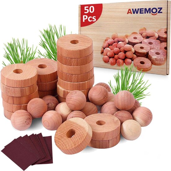 AWEMOZ® Mottenballen 40 Stuks + 10 Stuks Schuurpapier - Cederhout tegen ...