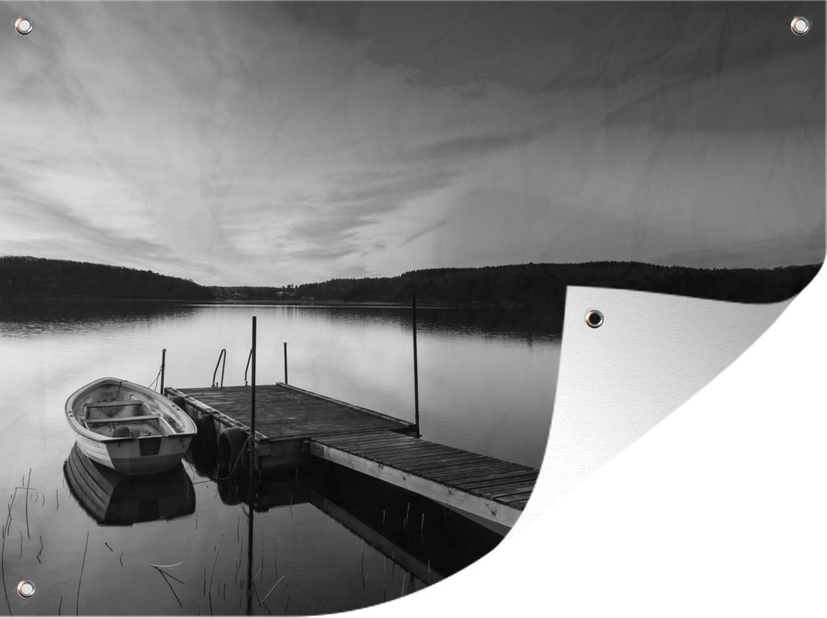 Tuinposter Roeibootje aan een steiger - zwart wit - 130x90 cm ...