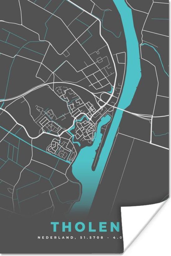 Poster Stadskaart - Tholen - Grijs - Blauw - 60x90 cm - Plattegrond ...