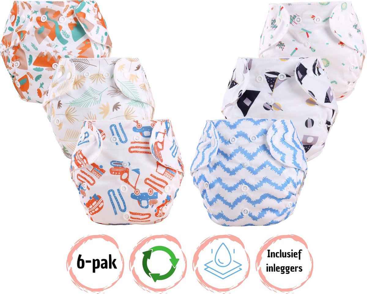 Wasbare luier 6 pak inclusief microvezel inleggers - Herbruikbare luier ...