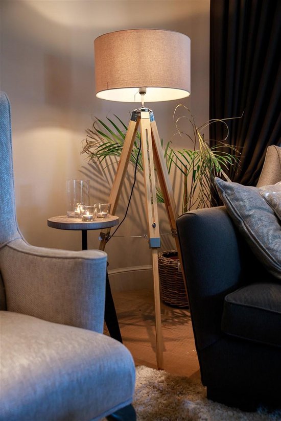 MaxxHome Vloerlamp Elly - Staande lamp - Leeslamp - Driepoot - Hout ...