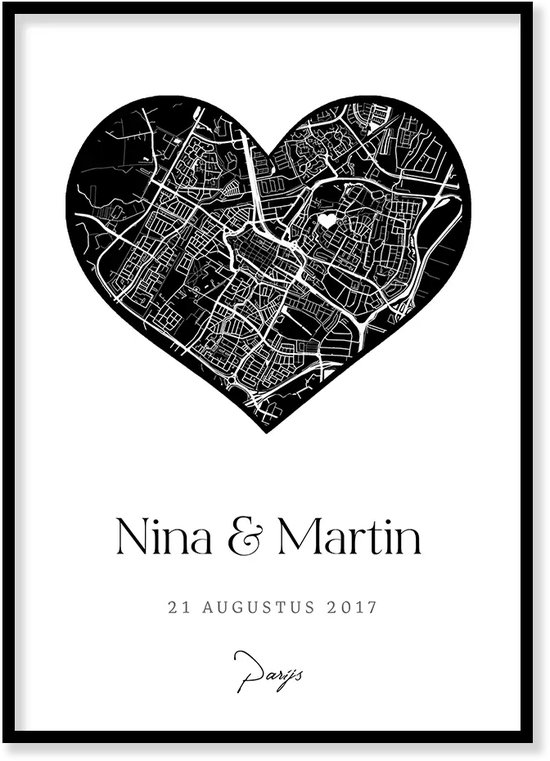 Gepersonaliseerde Stadsposter Zwart Hart | Citymap | Stadskaart ...