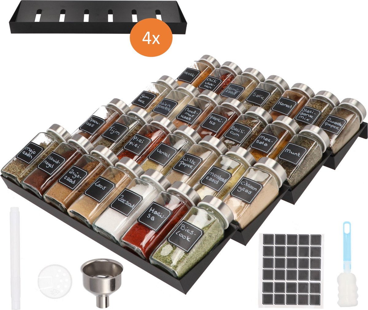 KROMS Kruidenrek Lade met 28 Potjes (RVS deksel) - Compleet Pakket incl ...