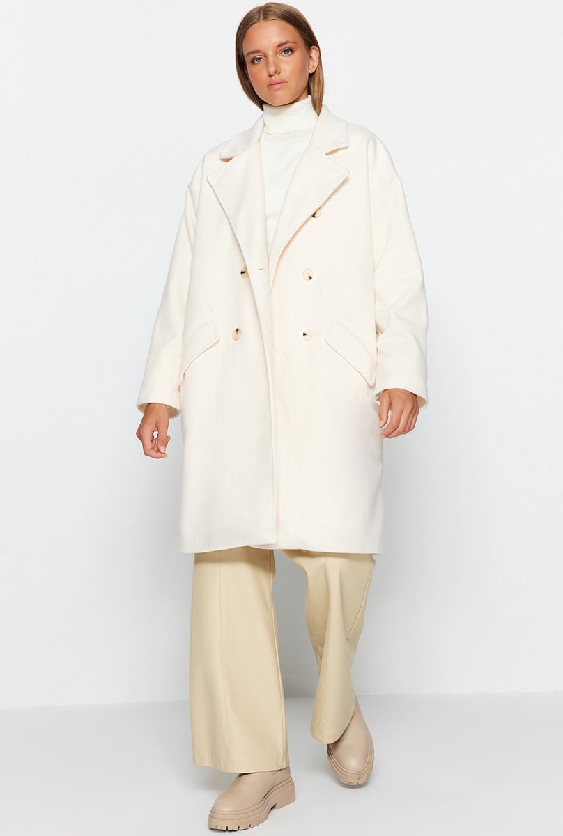 Trendyol Lage mouw Dubbele rij knopen Oversized ecru wijde jas met lange stiksels... | bol.com