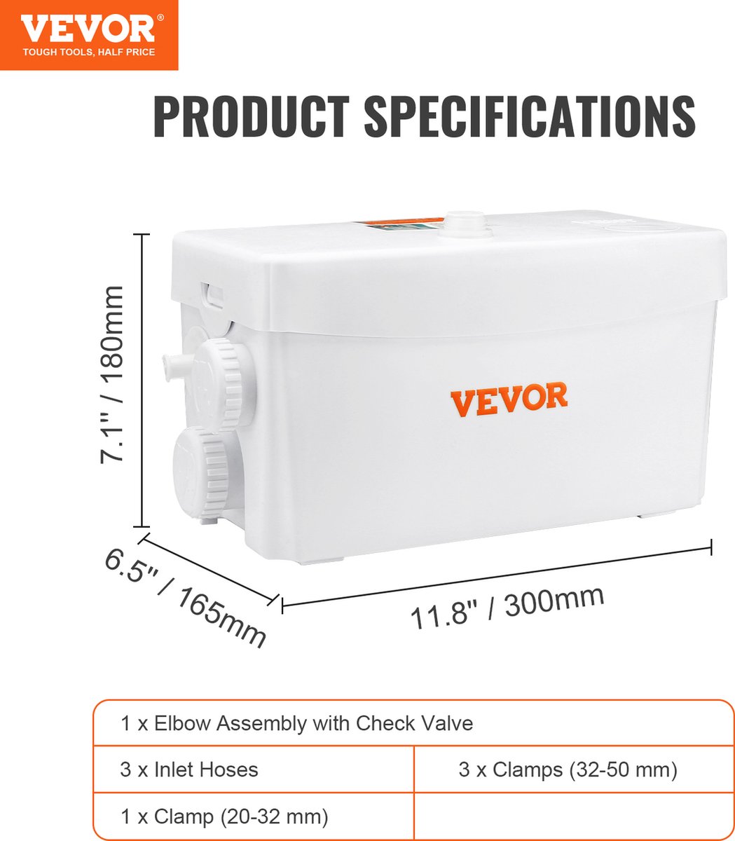 VEVOR Rioolpomp 350W-Hefsysteem Afvalwaterpomp voor Kelderriolering ...