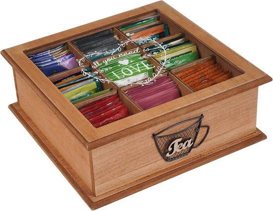 Theedoos, houten theedoos met 9 scheidingsvakken, theezakjesbox ...
