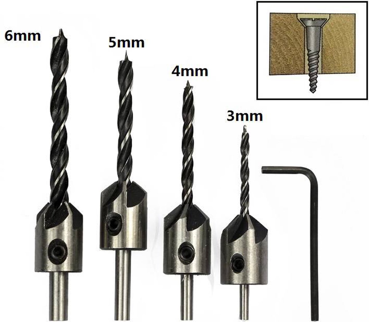 Verzinkboren - Set van 4 - Inclusief inbus - 3/4/5/6mm - Verwisselbare ...