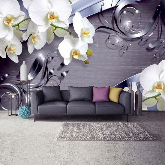 Fotobehang - Vlies Behang - Luxe Zilveren Bloemen Kunst - 254 x 184 cm | bol