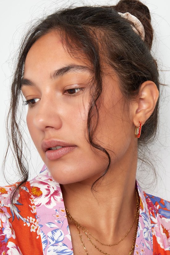 Yehwang, Oorbellen langwerpig met steentjes, goud/roze, stainless steel ...