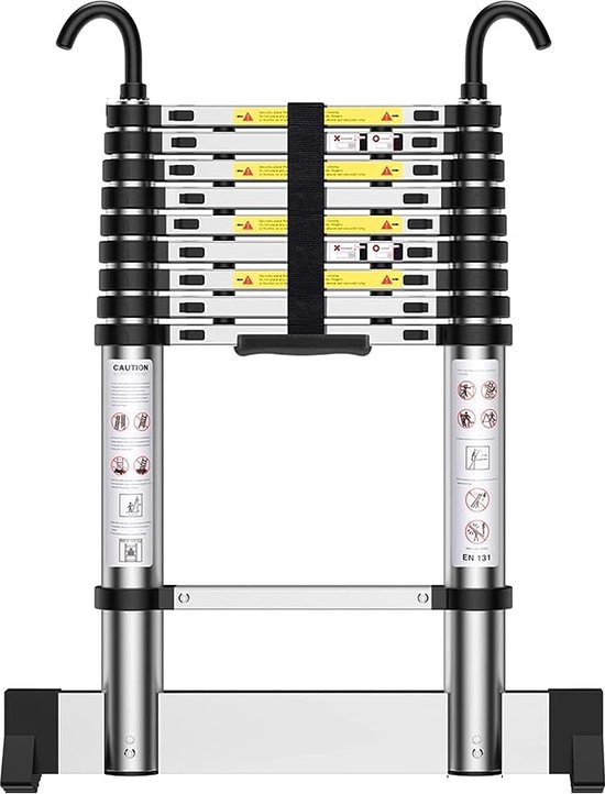 Telescopische ladder, 2,9 m, inklapbaar, aluminium, haak en ...