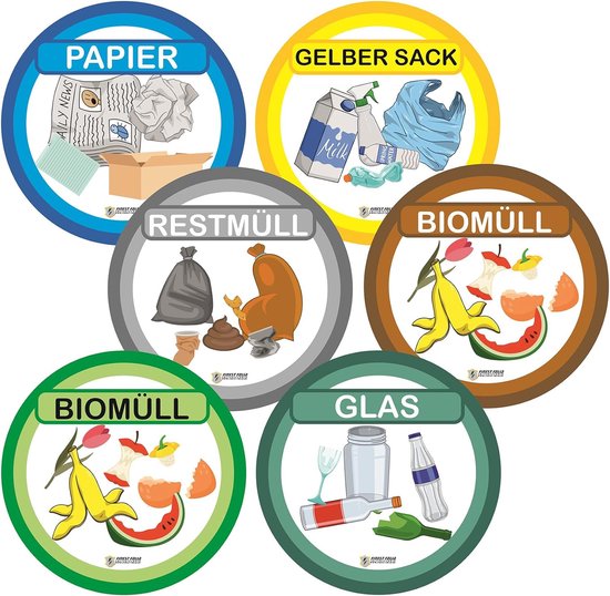 Set van 6 kleurrijke afvalscheiding stickers, kras- en weerbestendig, Ø ...