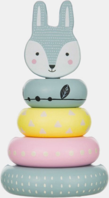 Houten stapeltoren konijn - pastel tinten - 4 ringen | bol