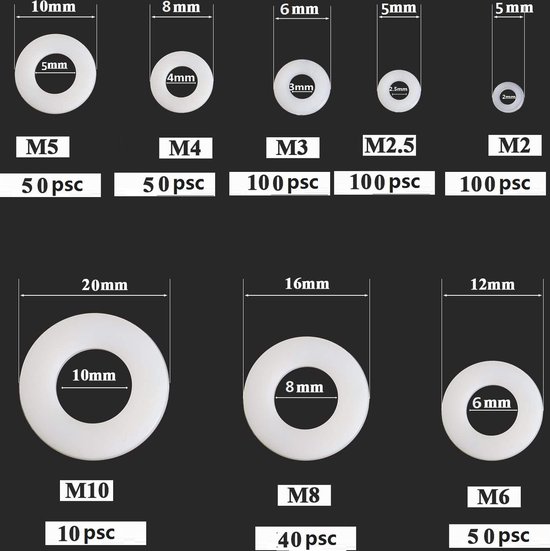 500 stuks sluitringen, kunststof bijsluitringen, nylon, afstandsschijven, M2, M2,5,... | bol
