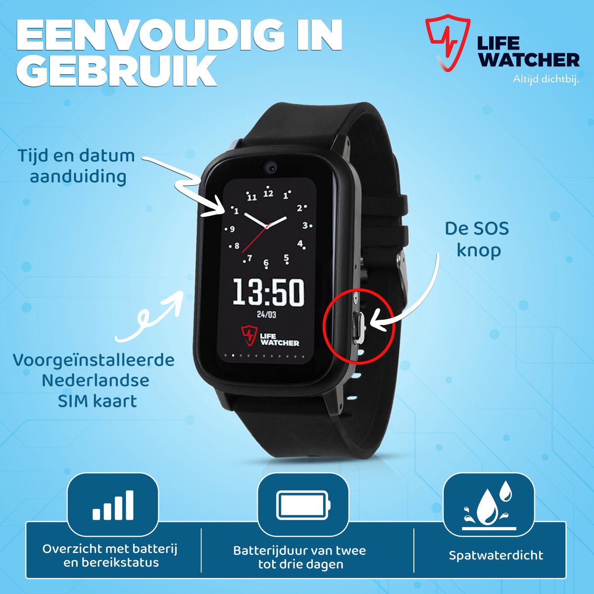 Lifewatcher Senior 4G Zwart Alarmeringshorloge / Alarm Horloge met ...