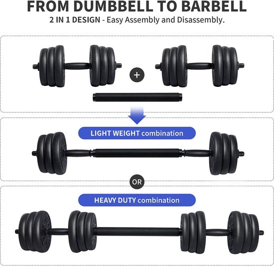 Halterset, 20 kg halterset, 2-in-1 korte halters & lange halter met ...