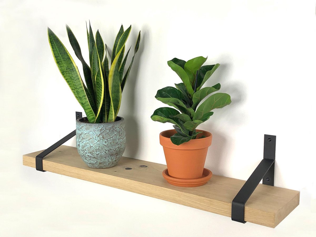 Eiken wandplank 120 x 25 cm inclusief zwarte plankdragers - Wandplank ...