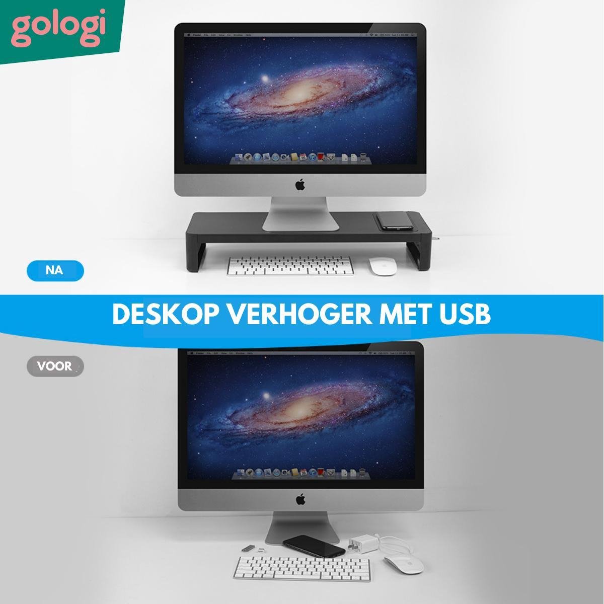 Gologi® - Monitor verhoger - Monitor standaard - USB-C - USB-A - Draad ...