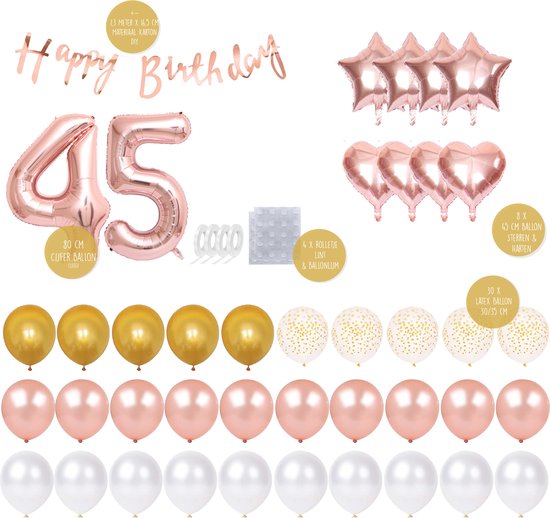 Snoes Ballonnen 45 Jaar Rose Gold White Dots - Compleet Feestpakket met cijfer ballon... | bol