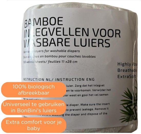 BonBini´s bamboe inlegvellen wasbare Luiers - 1 rol - 100 inlegvellen ...