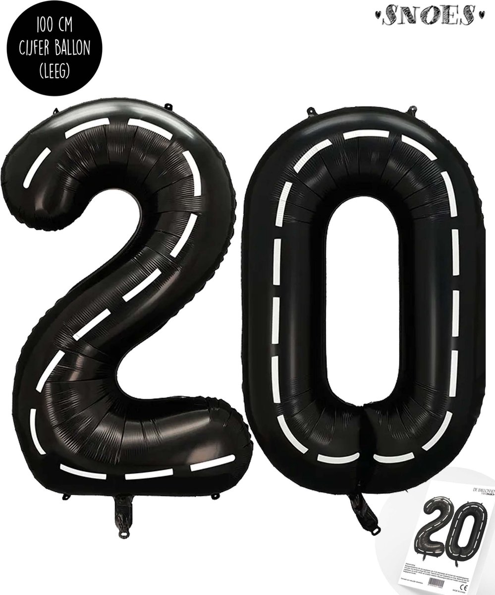 Cijfer Helium Folie Ballon XXL - 20 jaar cijfer - Zwart - Wit - Race ...