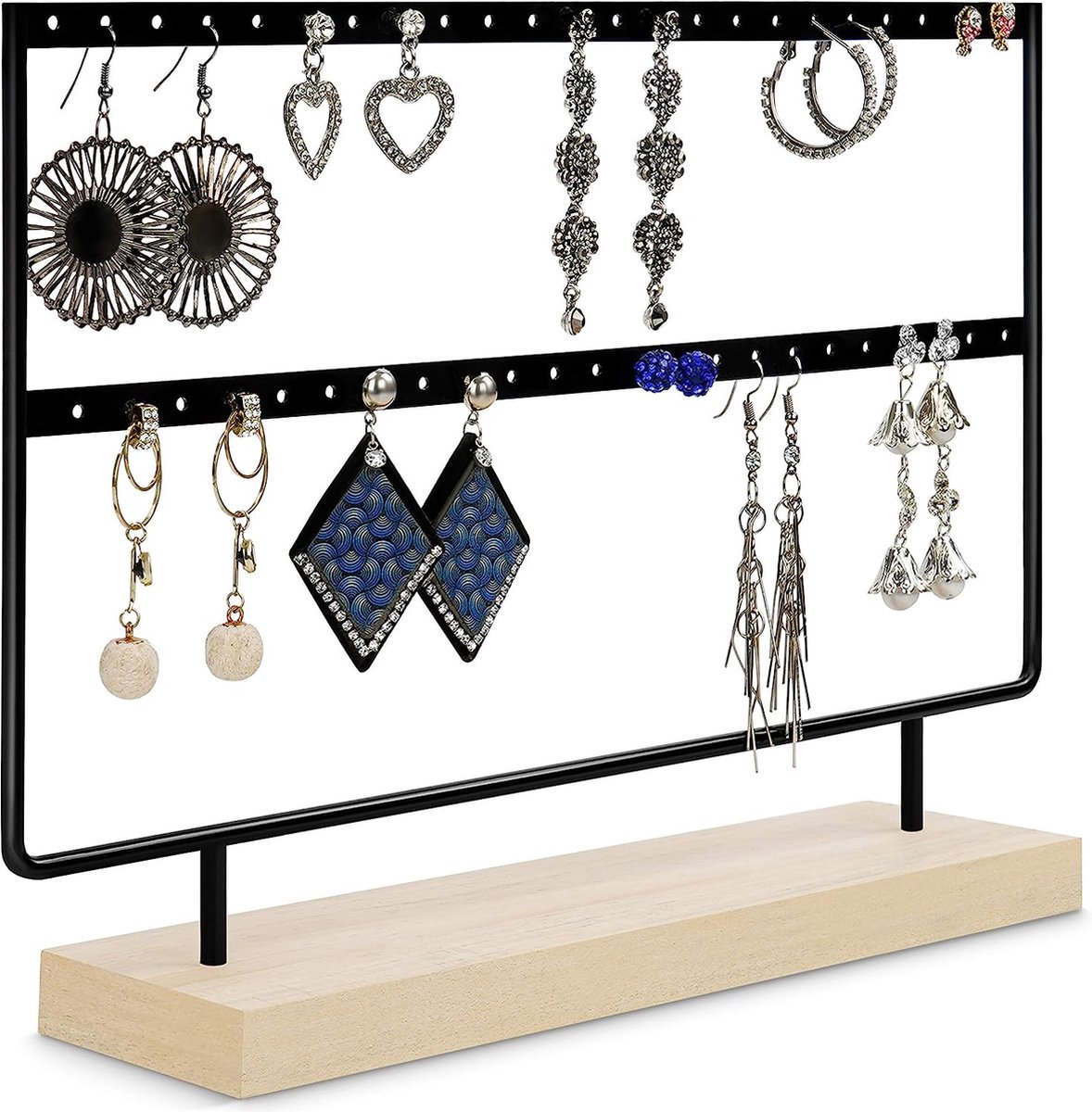 Zwart Metalen Oorbellen Organizer Sieraden Display Standaard met Hout ...