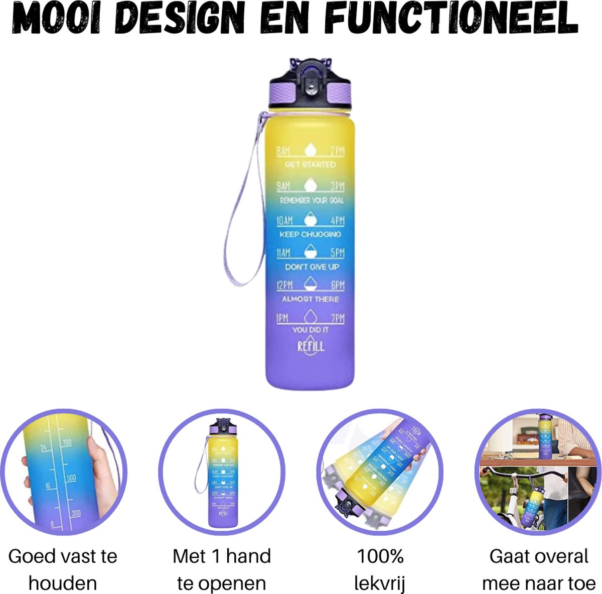 Drinkfles - Waterfles met rietje - Waterfles 1 liter - 1 Liter ...