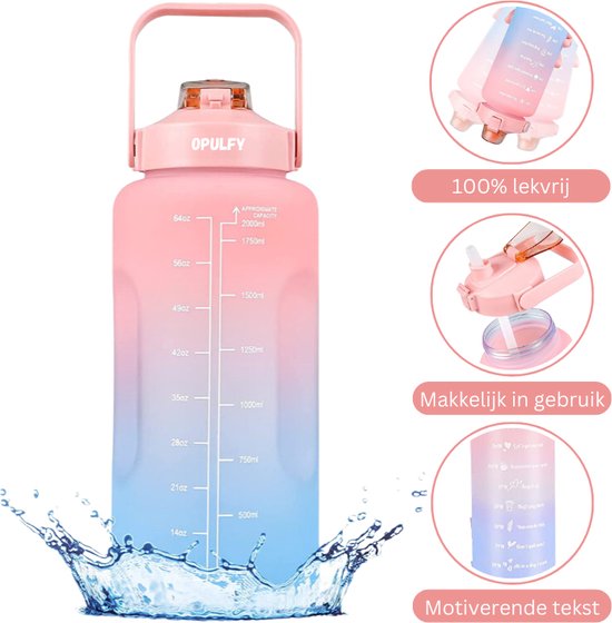 Drinkfles - Waterfles met rietje - Waterfles 2 liter - Waterfles ...