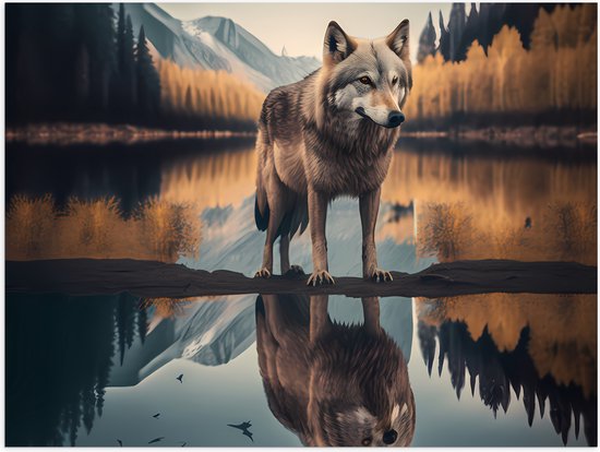 Poster (Mat) - Wolf in Landschap met Weerspiegeling in het Water ...