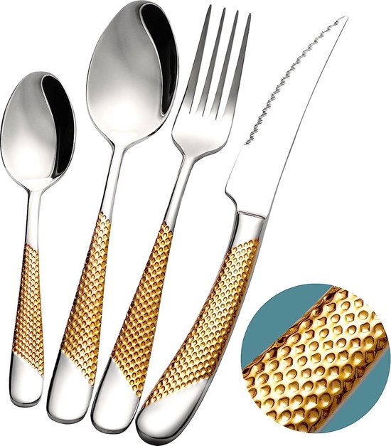 Bestekset voor 6 personen zilver goud gehamerd, met ultrascherp 2-IN-1 ...