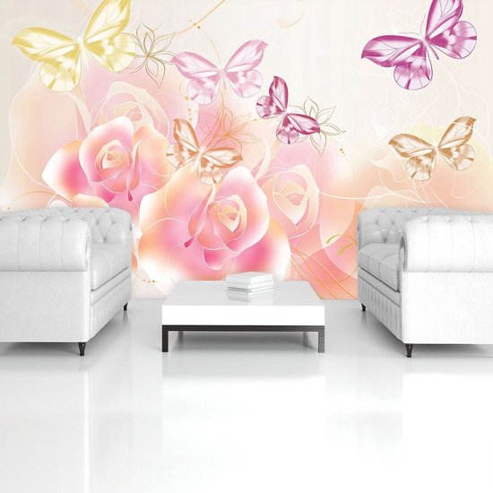 Fotobehang - Vlies Behang - Vlinders en Roze Bloemen - 254 x 184 cm | bol