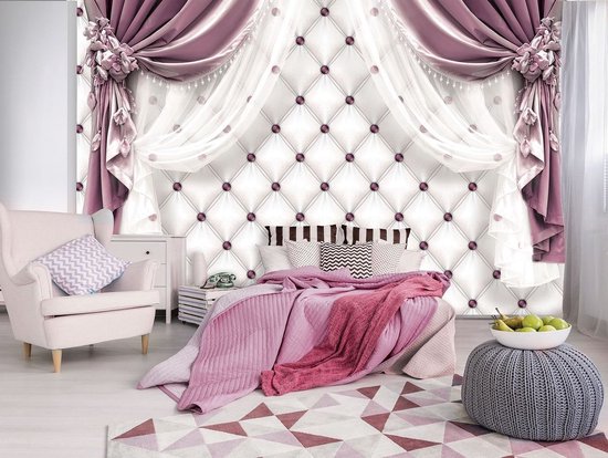 Fotobehang - Vlies Behang - Luxe Gewatteerd Patroon met Roze Gordijnen ...