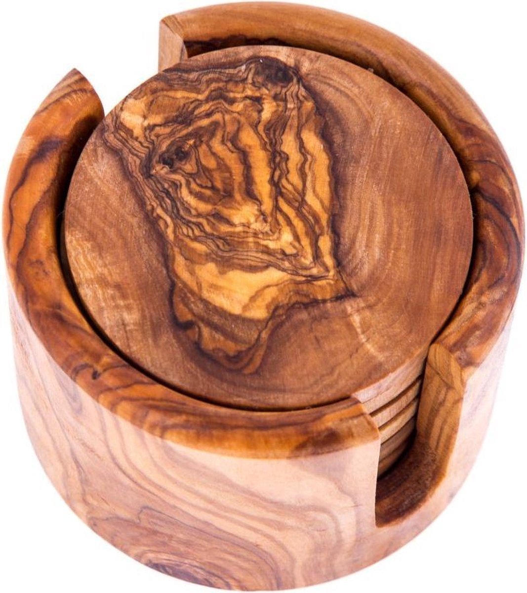 Olijfhouten onderzetter - Olijfhouten houder - 6 ronde onderzetters ...