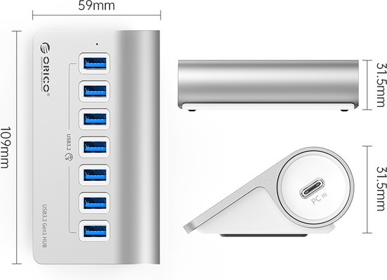 Orico USB Design Hub aluminium met 7x USB-A (3.2 Gen2) 100cm kabel | bol