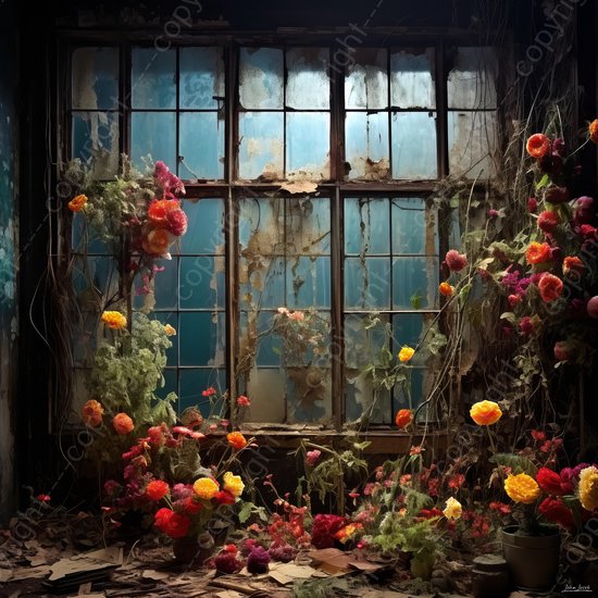 JJ-Art (tuinposter) 100x100 | Oud raam met bloemen, in geschilderde ...