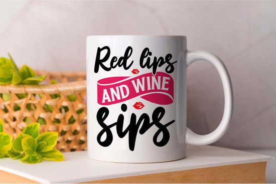 Mok Red Lips Wine Sips - Wine - Wijn - Cheers - Red Wine - Rode Wijn ...