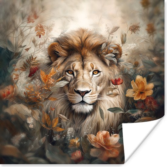 Poster - Leeuw - Bloemen - Wilde dieren - Natuur - Dierenposter ...