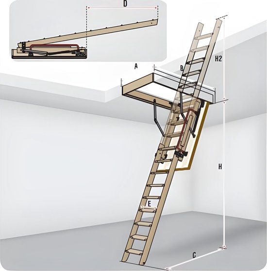 Uitschuifbare zoldertrap. Bakhoogte 14 cm (exclusief ladder) - 70 x 140 ...