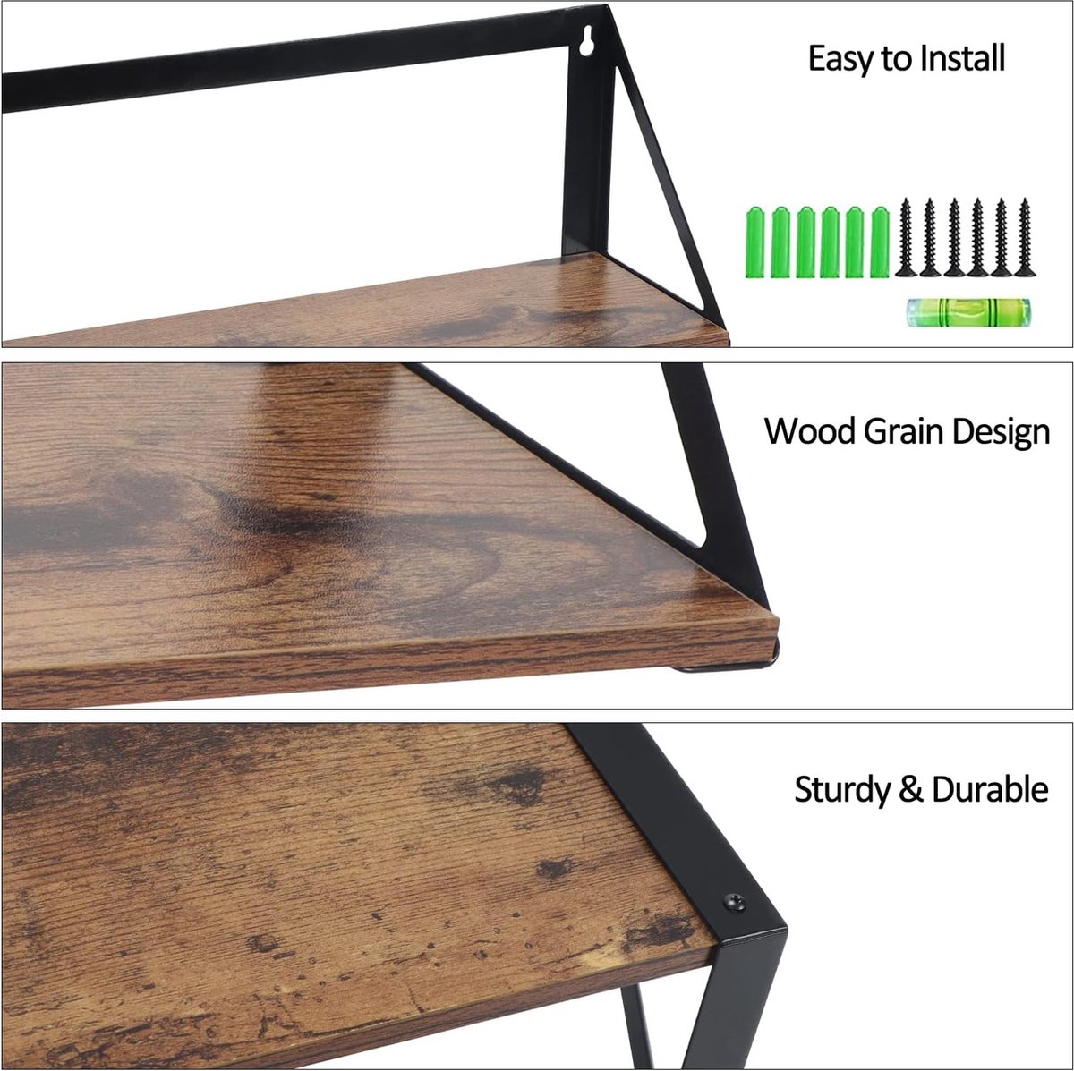 Wandplanken, set van 3 metalen wandplanken, hout, moderne planken ...