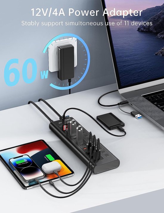 Sounix USB 3.0 Hub - USB C oplader met Voeding - 60W - Splitter met 8 ...