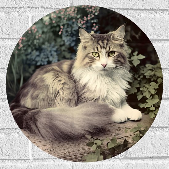 Muursticker Cirkel - Grijze kat met groene ogen in de natuur op een boomstam - 40x40... | bol