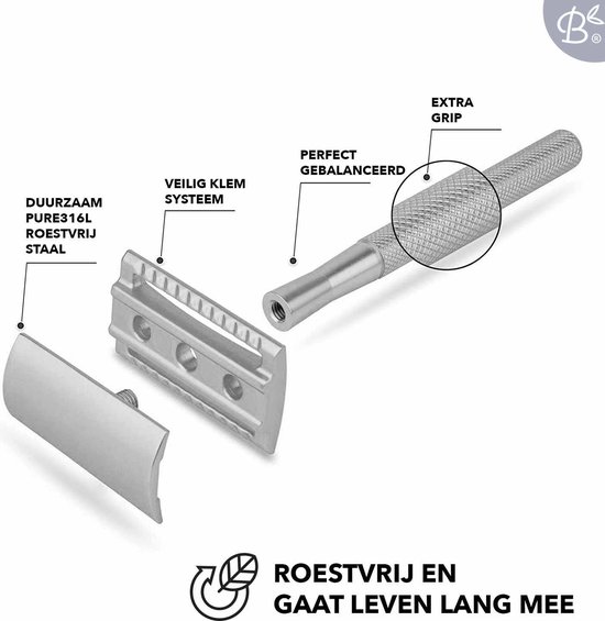 Bamboozy Safety Razor + 10 scheermesjes en Reiskapje Mat Zilver Chrome ...