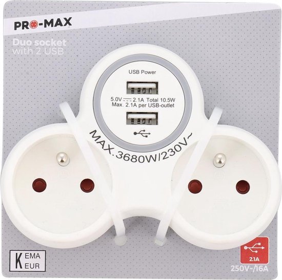 ProMax - Duo verdeelstekker - 2 stopcontacten + 2 USB aansluitingen ...