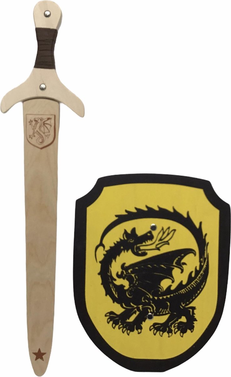 houten zwaard met schede en ridderschild geel met zwarte draak ...