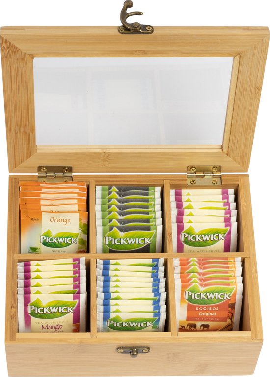 Organic - Theekist - Bruin - Bamboe - 6 -Vaks - Glazen Deksel ...